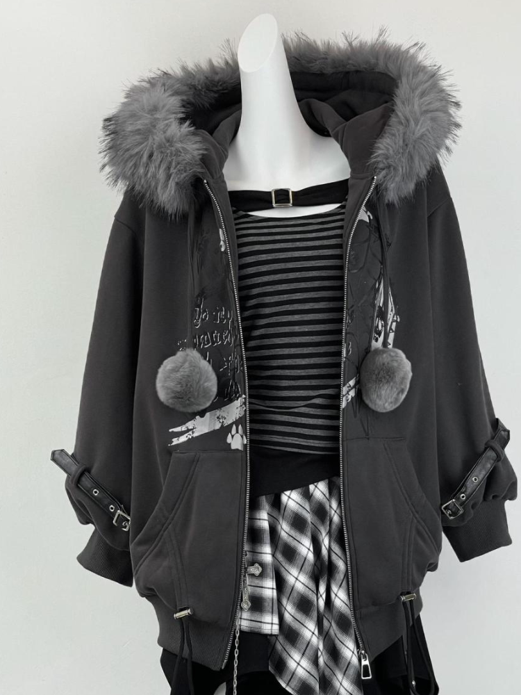 acubi gray fur hooded jacket – By Coquette