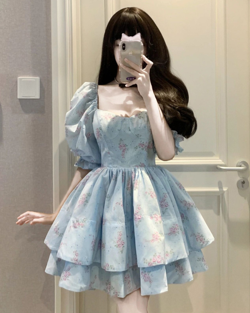 French Blue Puff Sleeve Coquette Floral Dress – By Coquette